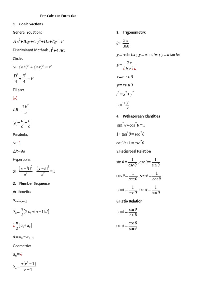 Pre Calculus Formulas Btvted CH 1c 1 | PDF | Mathematics | Geometry