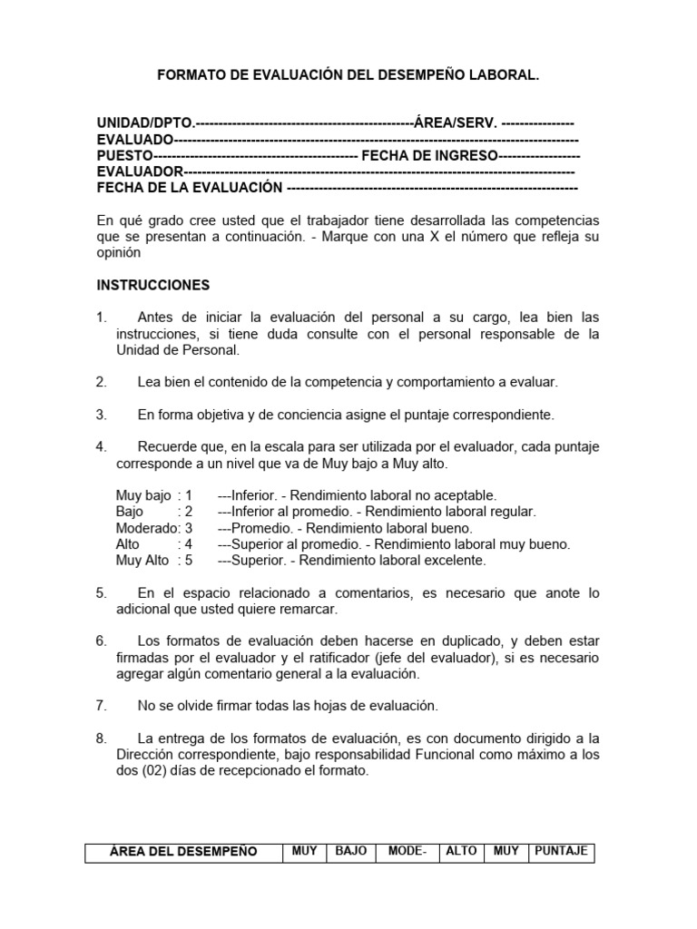 Formato de Evaluacion de Desempeno Word | PDF