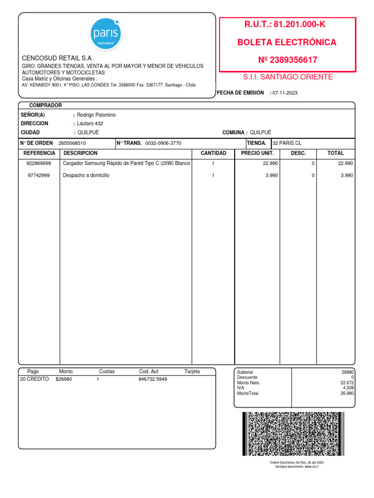 Boleta Electrónica de Compra en Paris.cl | PDF | Venta al por menor