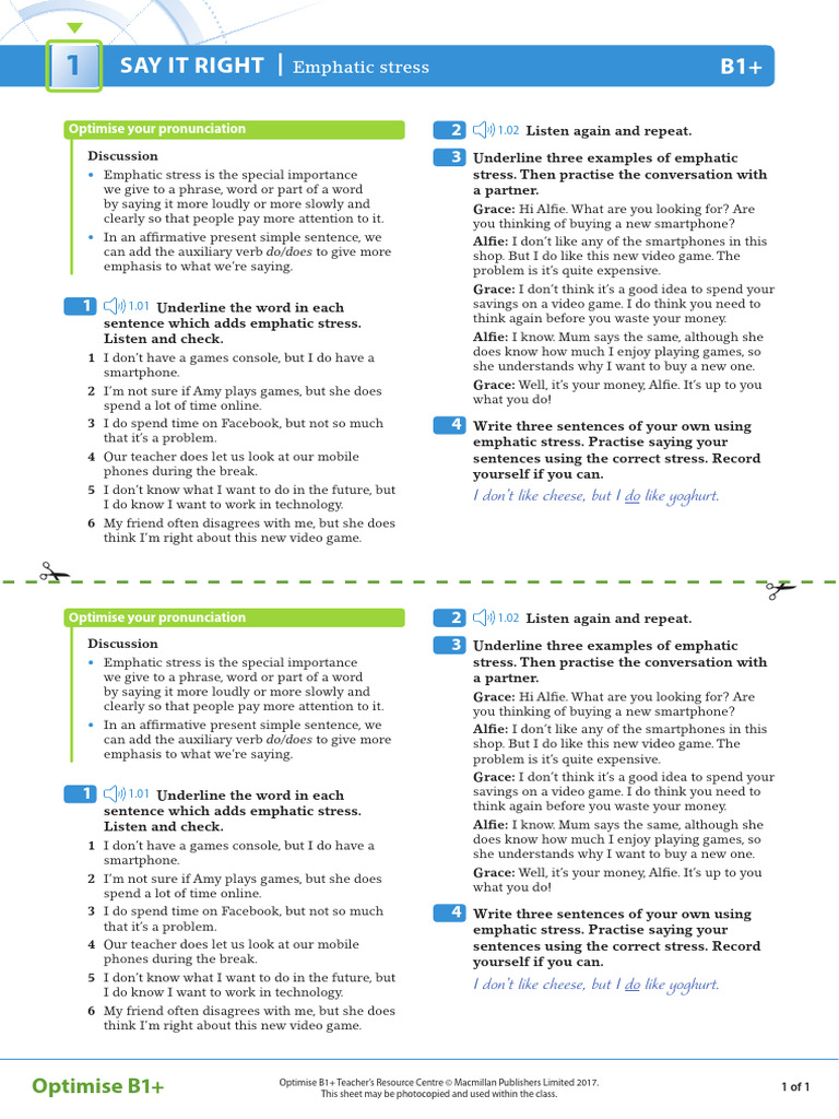 OPT B1plus SIR Unit 1 Worksheet | PDF | Stress (Linguistics) | Human ...