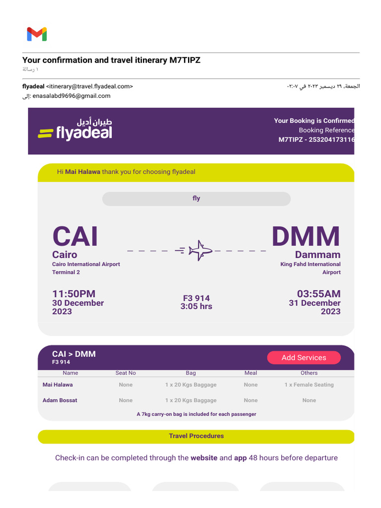 Cairo to Dammam Flight Confirmation | PDF | Baggage | Aviation