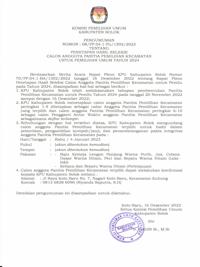 Penetapan Hasil Seleksi Calon Anggota Panitia Pemilihan Kecamatan Untuk Pemilihan Umum Tahun ...