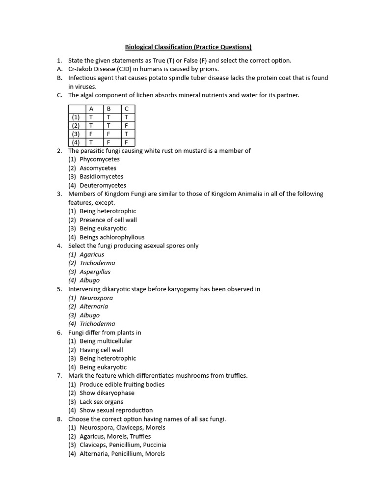 Biological Classification (Questions) | PDF | Fungus | Organisms