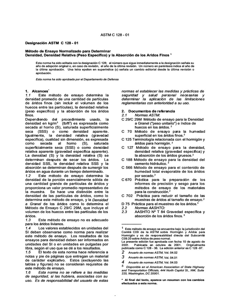 Astm C 128-01 | PDF | Densidad | Metrología