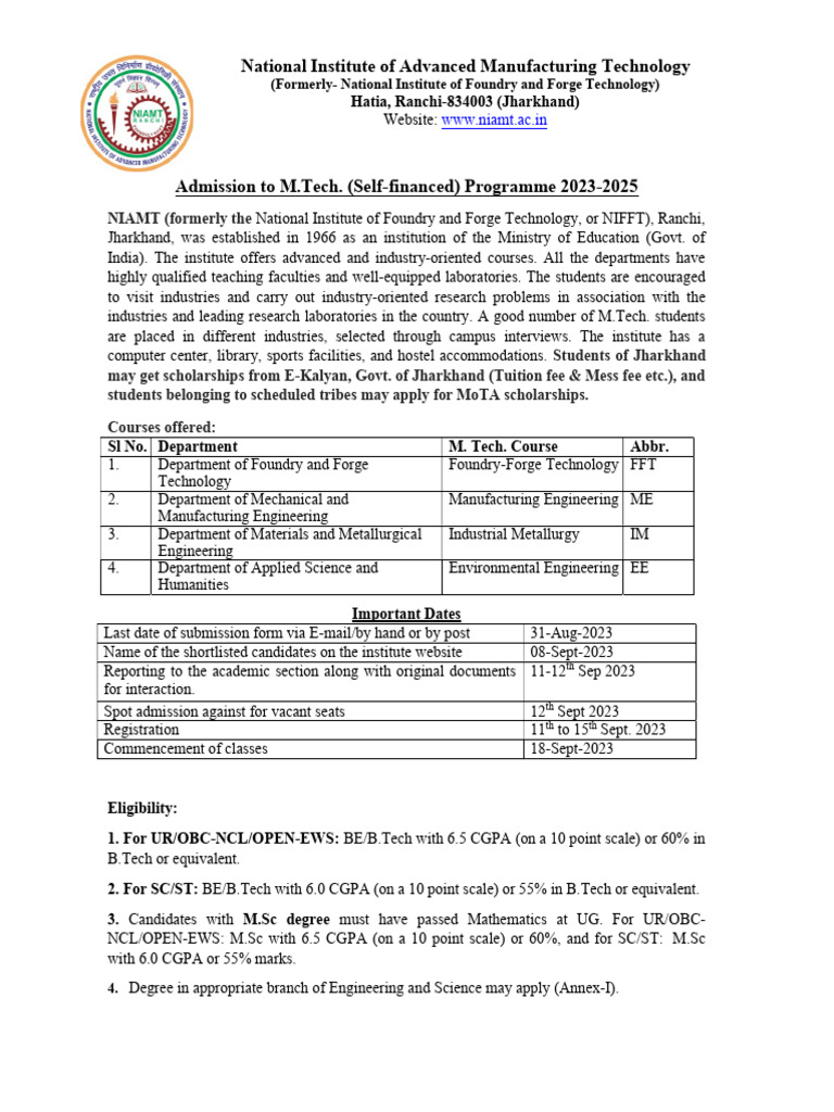 NIAMT Ranchi NIFFT M.Tech Admissions | PDF | Engineering | Mechanical ...