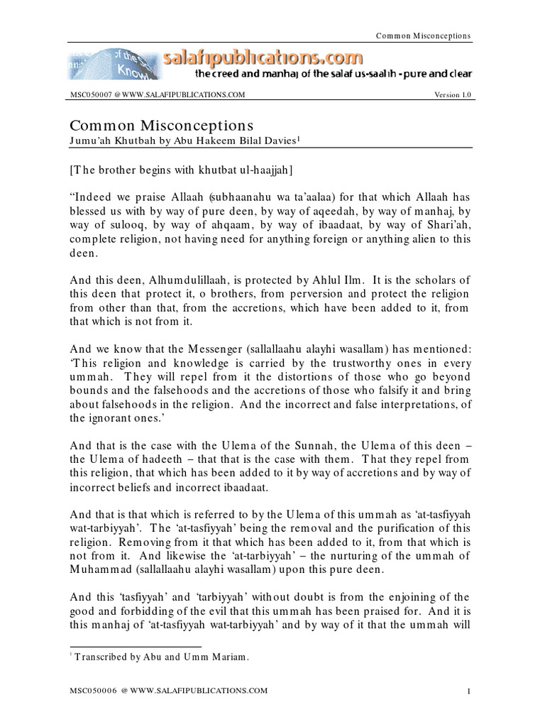 Common Misconceptions Allaah's Istiwaa, Imaan and Unity by Calling To ...