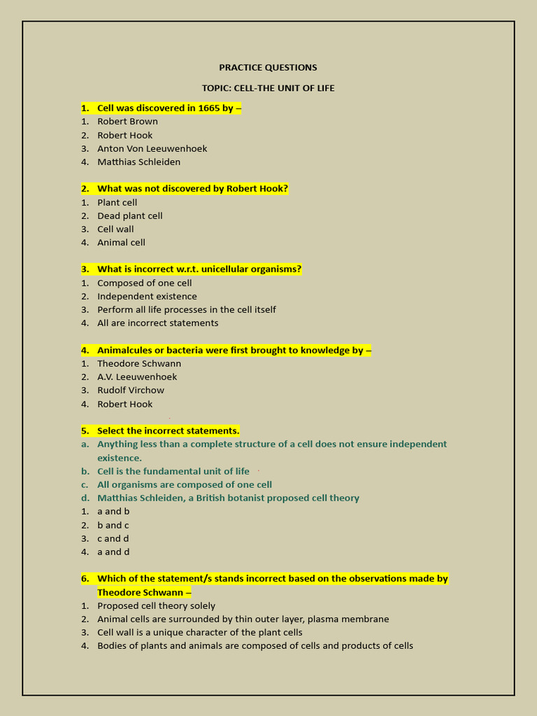 PRACTICE QUESTIONS Cell | PDF | Cell (Biology) | Cell Membrane