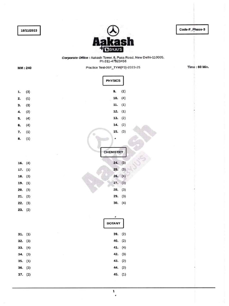 PT06F - Tym (P3) - 2023-25 - (18-11-2023) (Key & Solution) | PDF PT06F - Tym (P3) - 2023-25 - (18-11-2023) (Key & Solution) | PDF