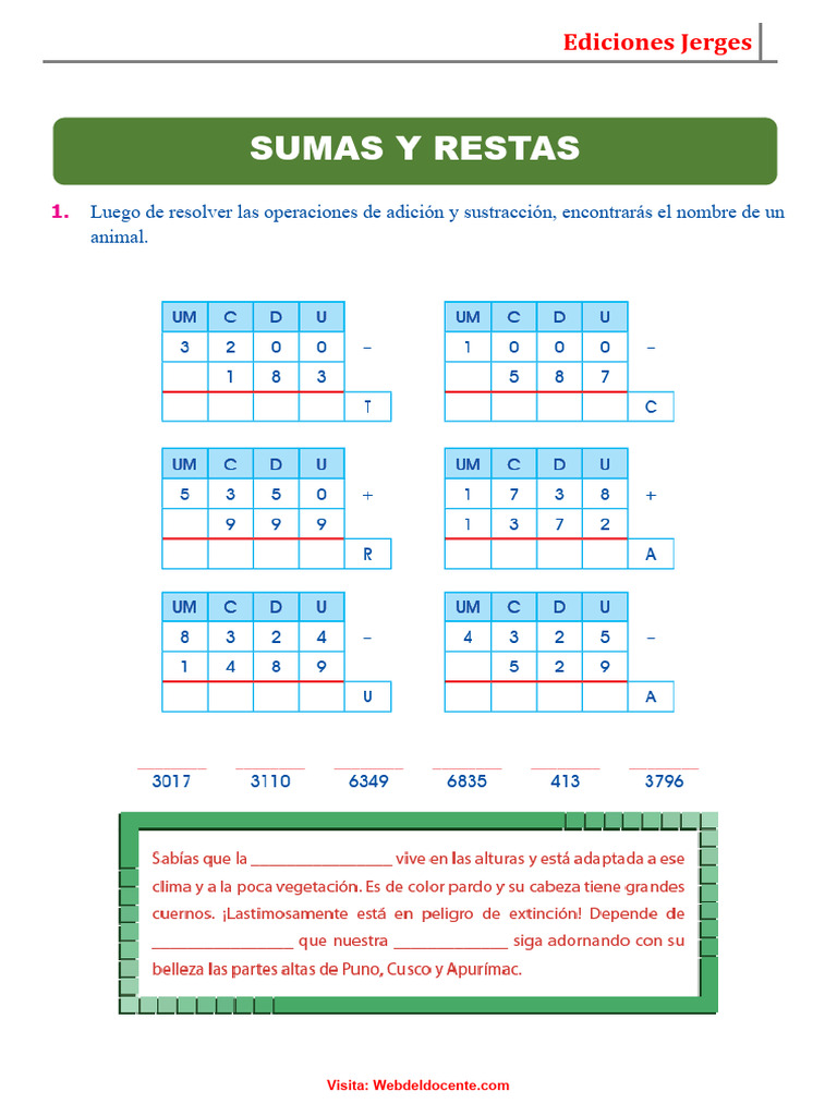 Sumas y Restas de Números de 4 Cifras para Segundo Grado de Primaria | PDF