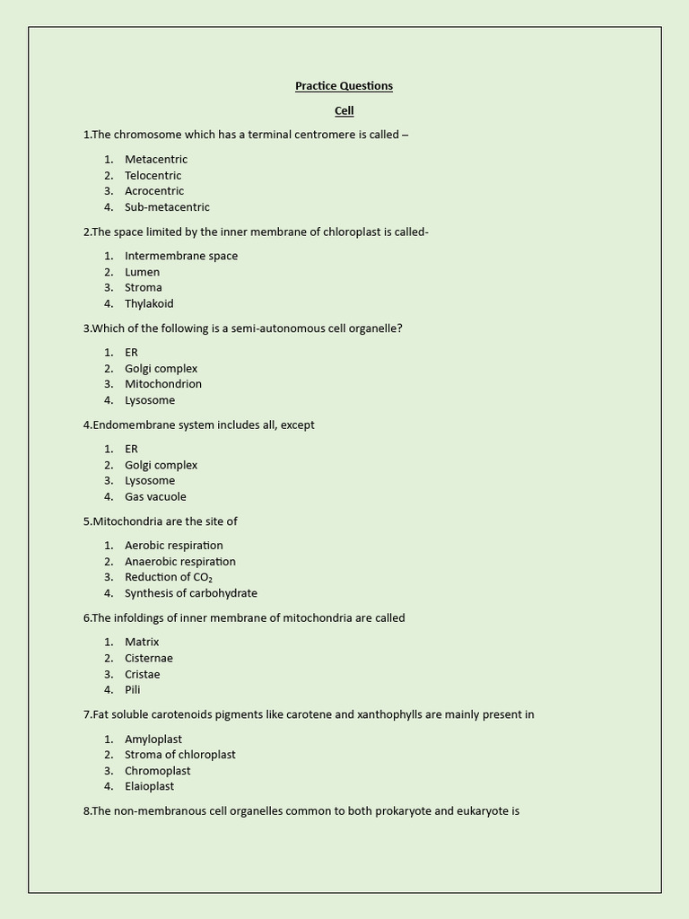 Practice Questions - 2 Cell | PDF | Chloroplast | Endoplasmic Reticulum