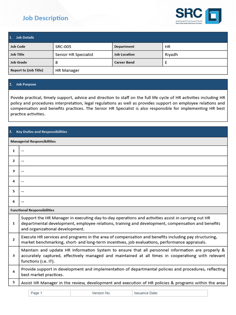 Senior HR Specialist Role Riyadh | PDF | Compensation And Benefits | Policy