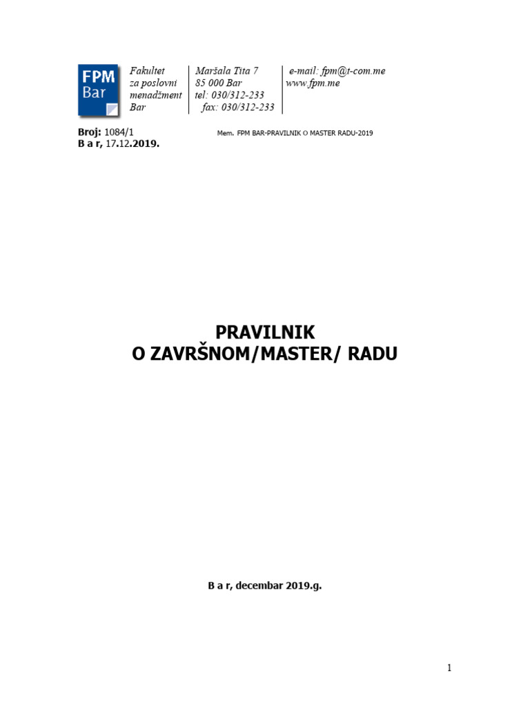 539 - FPM Bar-Pravilnik o Master Radu-2020 | PDF