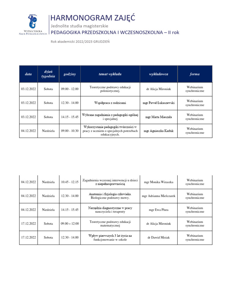 Harmonogram-Grudzien 2022 PRZED I WCZES - II Rok | PDF