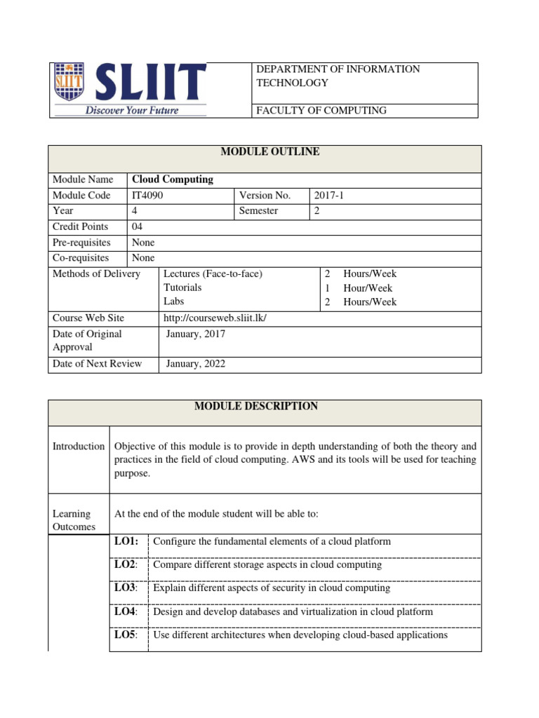 IT4090 ModuleOutline | PDF | Cloud Computing | Amazon Web Services