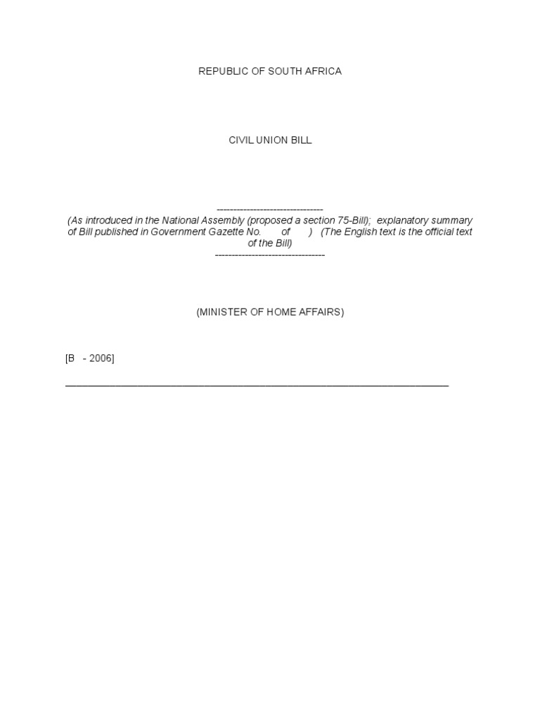 South Africa Civil Union Bill Overview | PDF | Partnership | Domestic ...