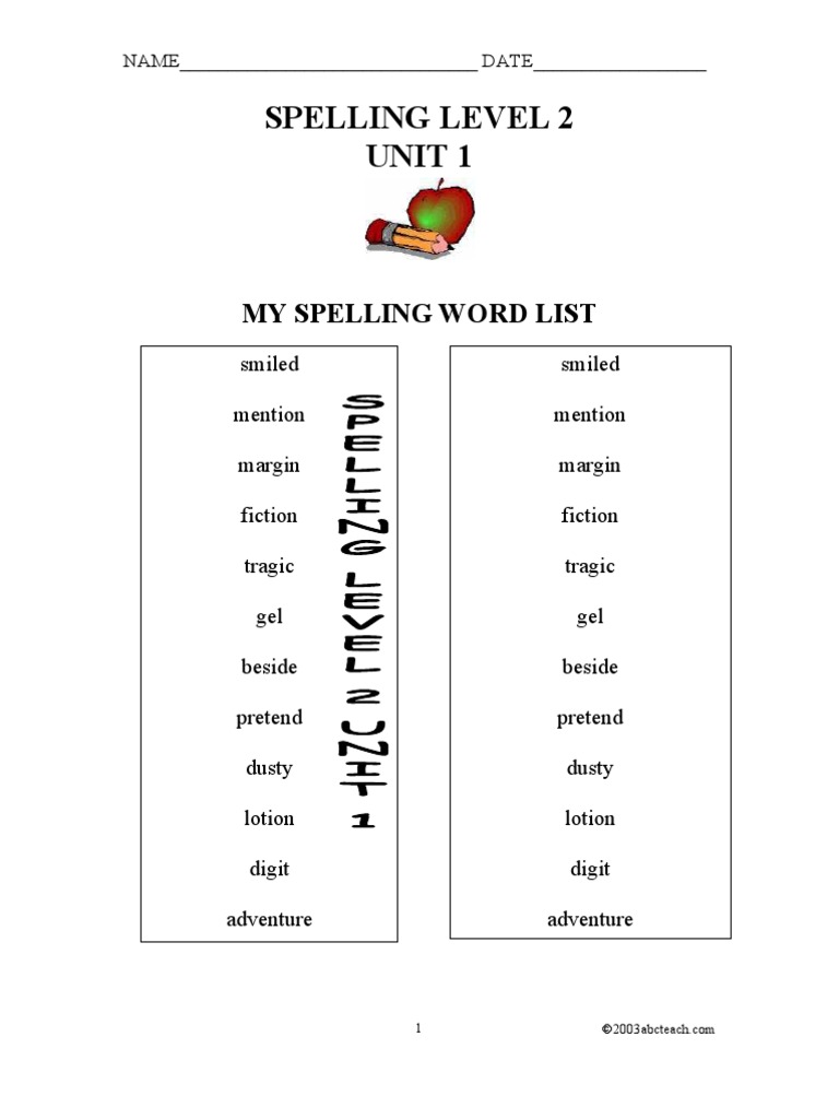 Spelling Level 2 Unit 1: My Spelling Word List | PDF