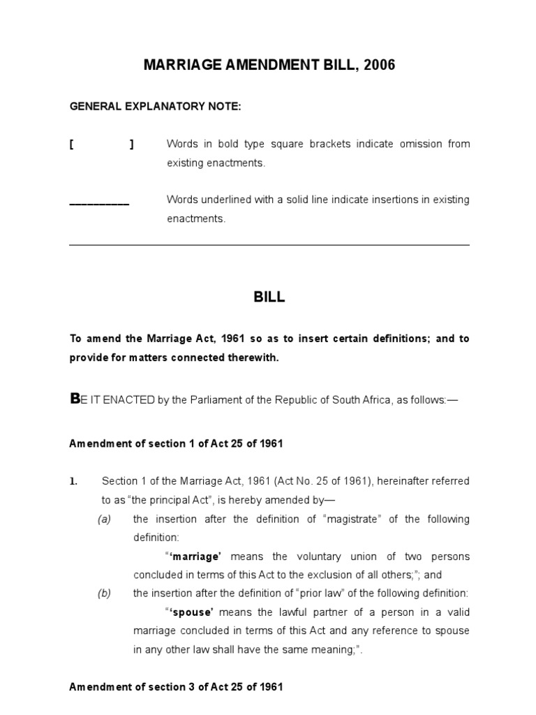 Marriage Amendment Bill, 2006 - Final - 21 July 2006 | PDF | Marriage ...