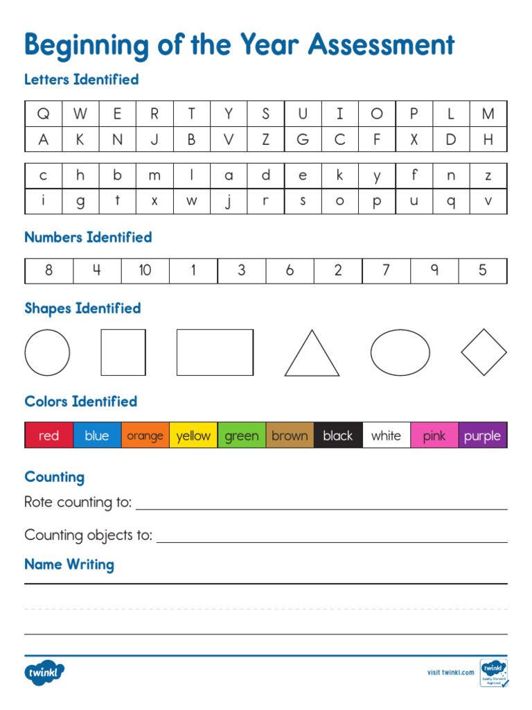 Color Beginning of The Year Assessment Progress Sheet | PDF