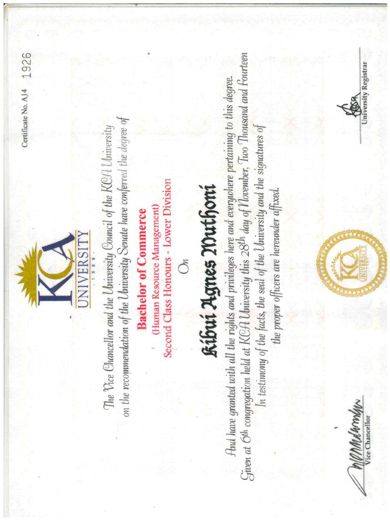KCA Degree Certificate | PDF