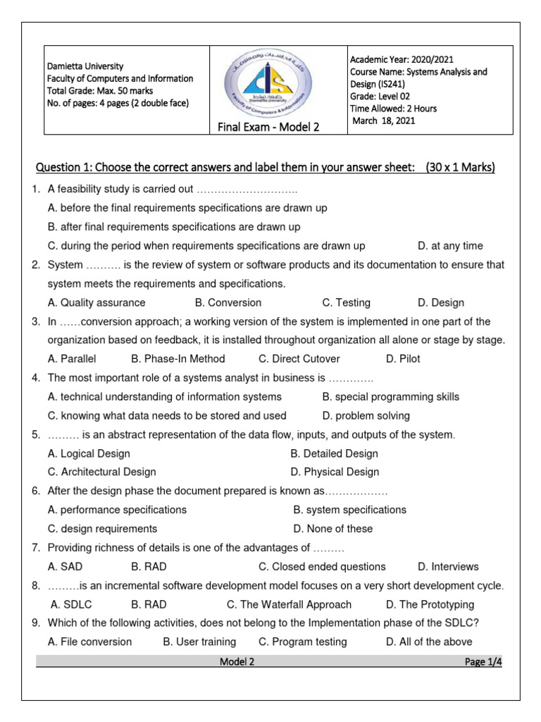 Final System Analysis Exam Model | PDF | System | Feasibility Study