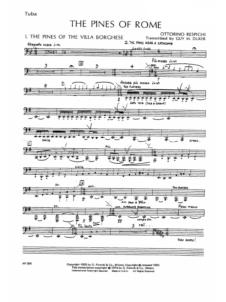 RESPIGHI Ottorino - I MVT - The Pines of Rome (Arrenged) - Tuba Part | PDF