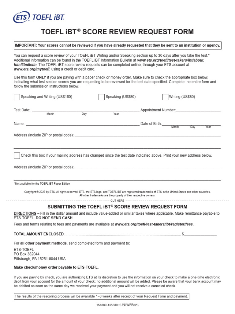 TOEFL Ibt Score Review Request Form | PDF | Cheque | Zip Code