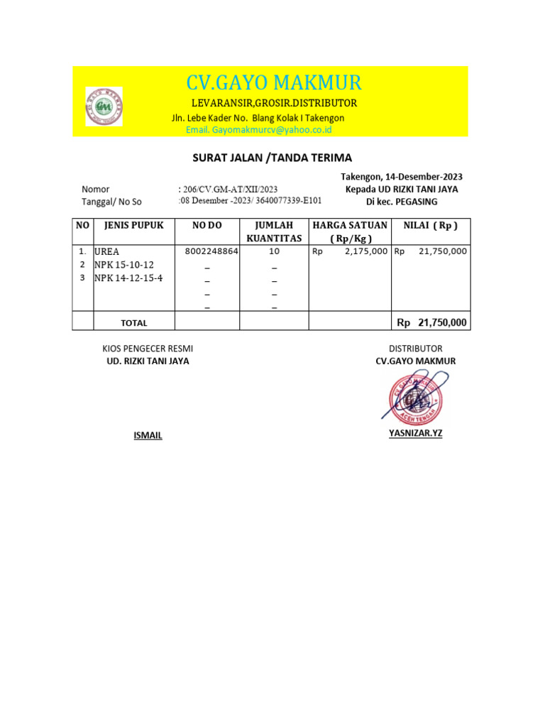 SURAT JALAN Ud Rizki Tani Jaya | PDF