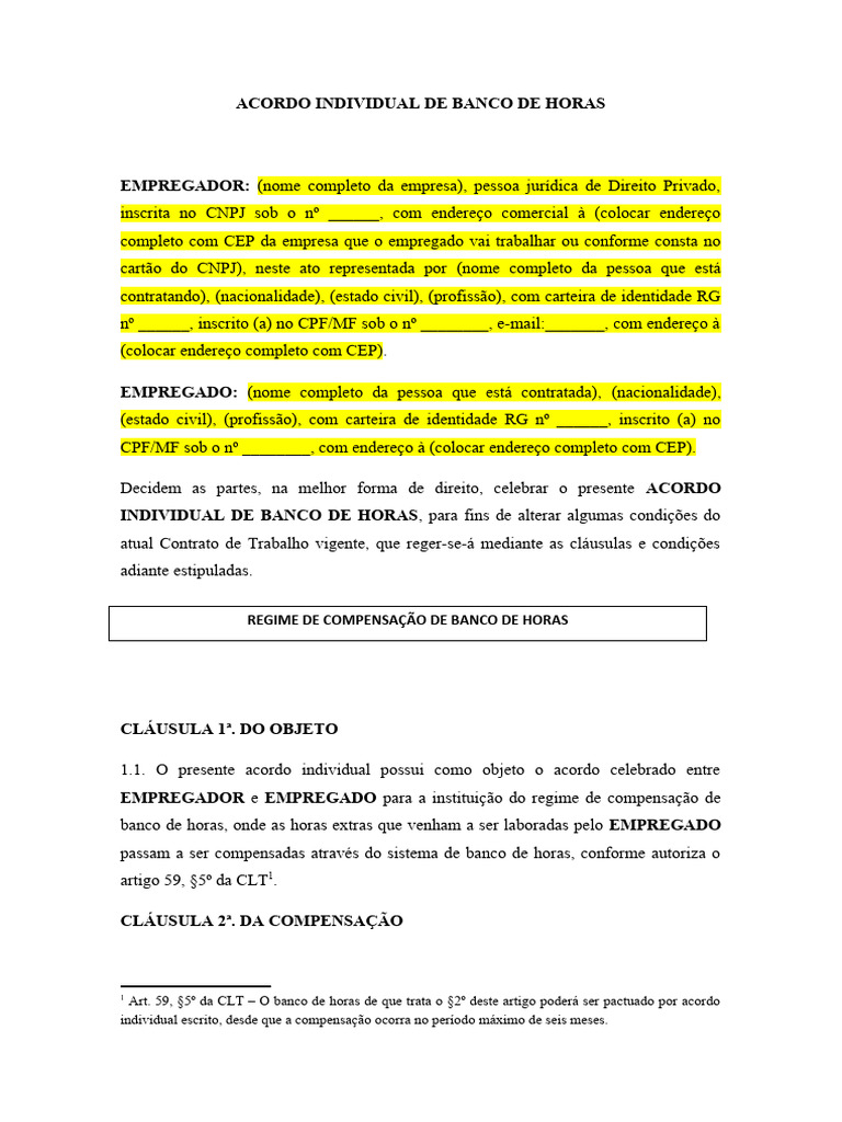 Modelo - Acordo Individual de Banco de Horas Variável | PDF | Hora extra | Lei e economia