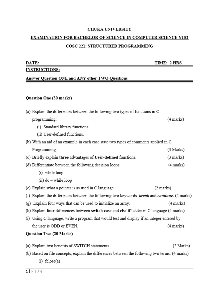 Cosc 221 Exam Pdf C Programming Language Control Flow