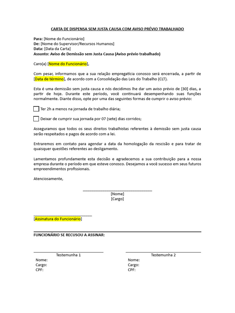 Modelo Carta E Dispensa Sem Justa Causa Com Aviso Prévio Trabalhado Pdf