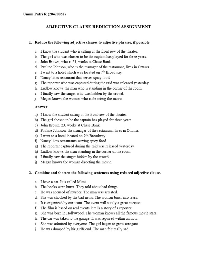Adjective Clause Reduction Assignment | Download Free PDF | Linguistics ...