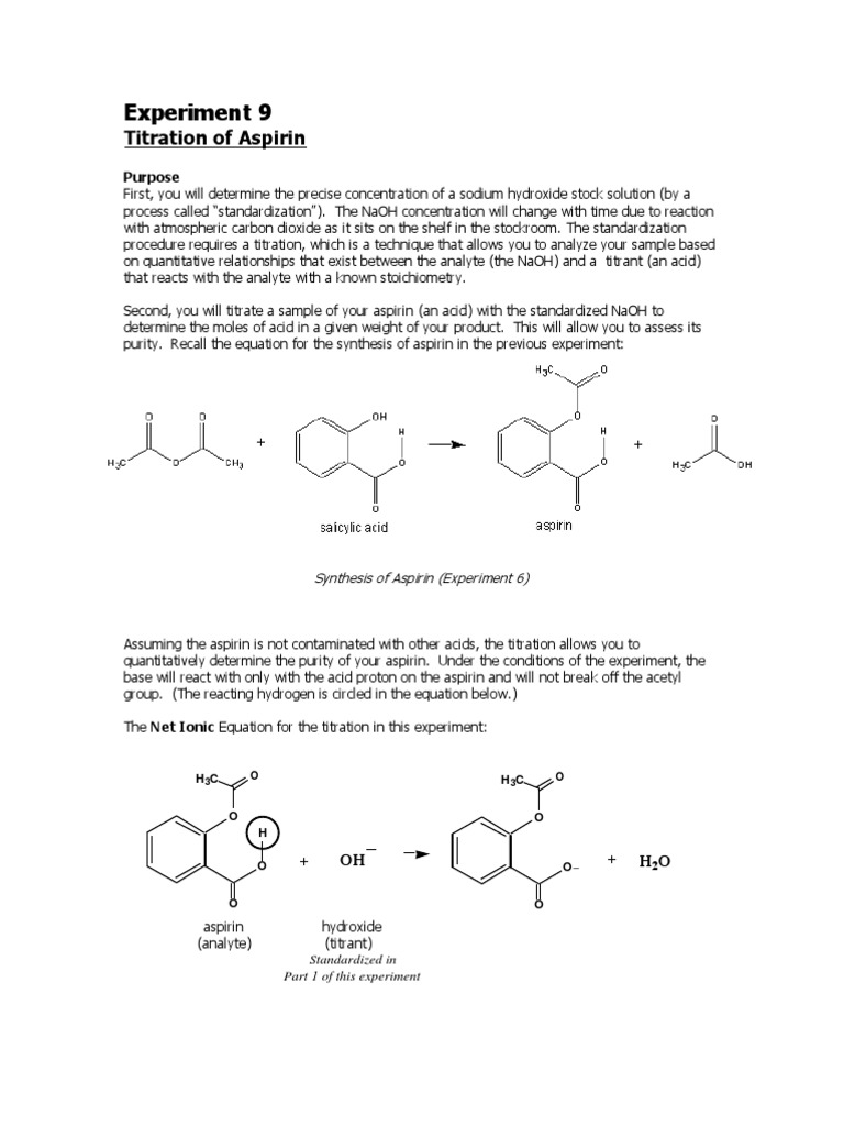 Experiment 9: Titration of Aspirin | PDF | Titration | Chemistry