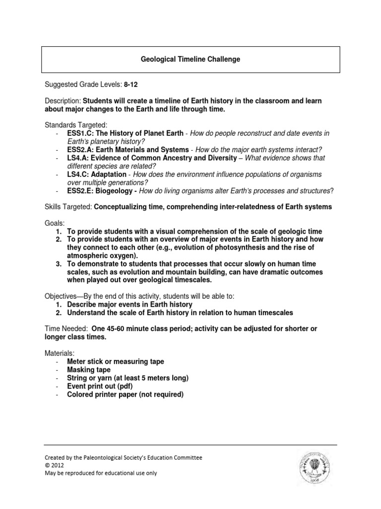 Geological Timeline Activity Reduced Pdf Geologic Time Scale Earth 6730