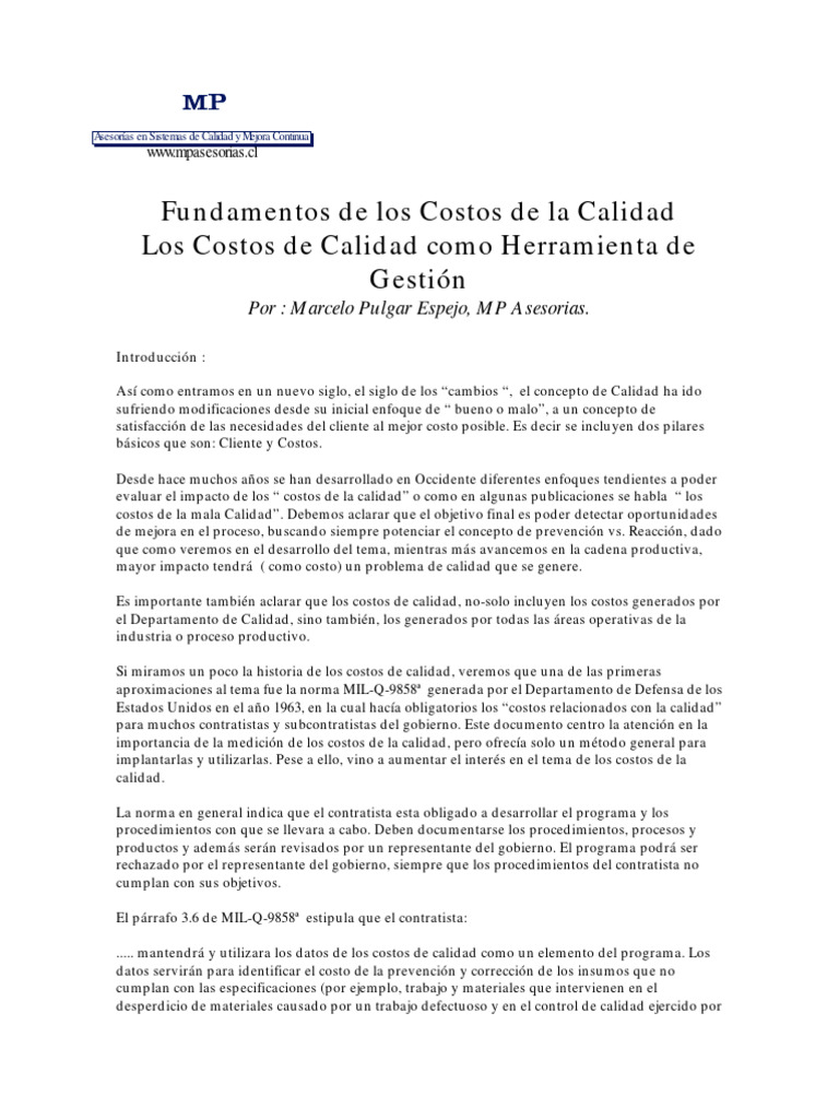 Metodología de Los Costos de Calidad y Gestión en QA | PDF | Calidad ...