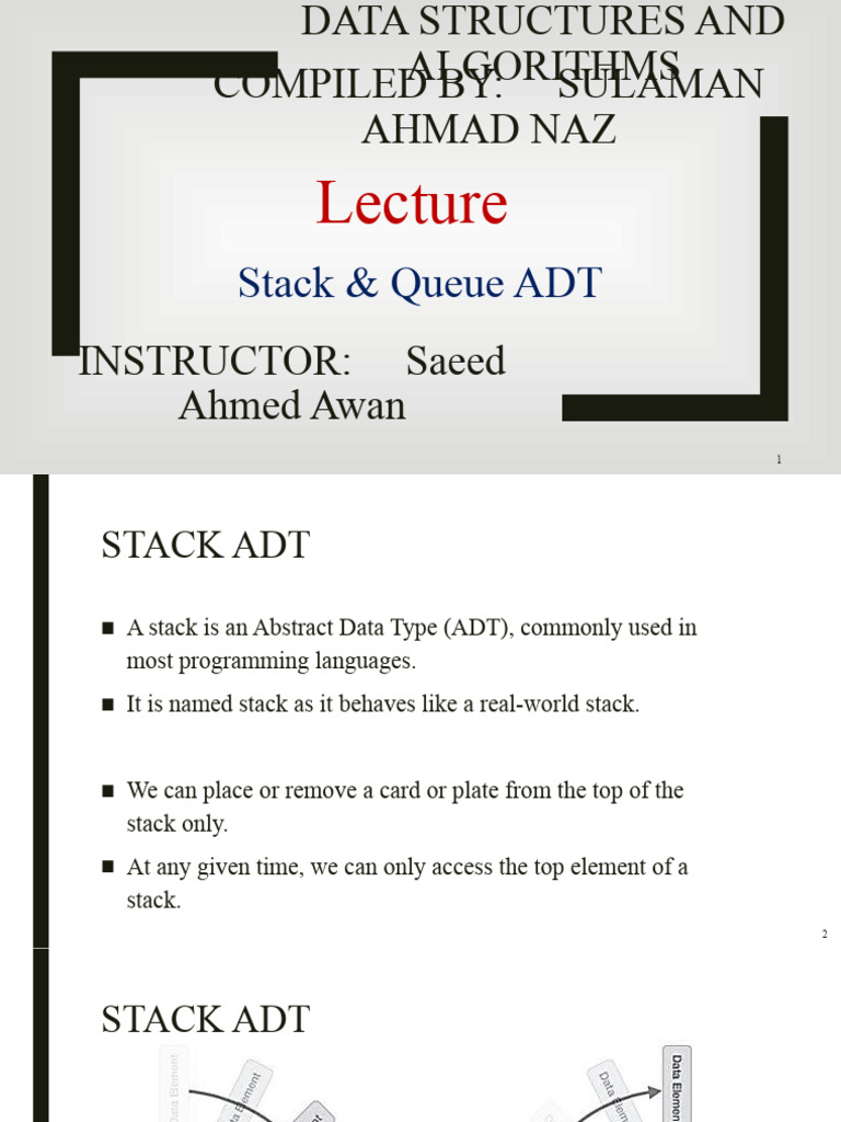 Data Structures Algorithms - Lecture 23 24 25 - Stack Queue ADT | PDF ...