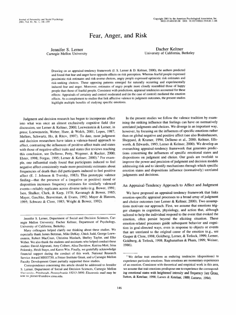 33.fear Anger and Risk | PDF | Emotions | Risk