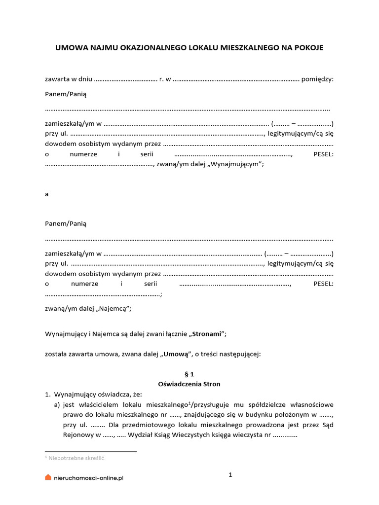 Umowa Najmu Okazjonalnego Lokalu Mieszkalnego Z Podzialem Na Pokoje | PDF