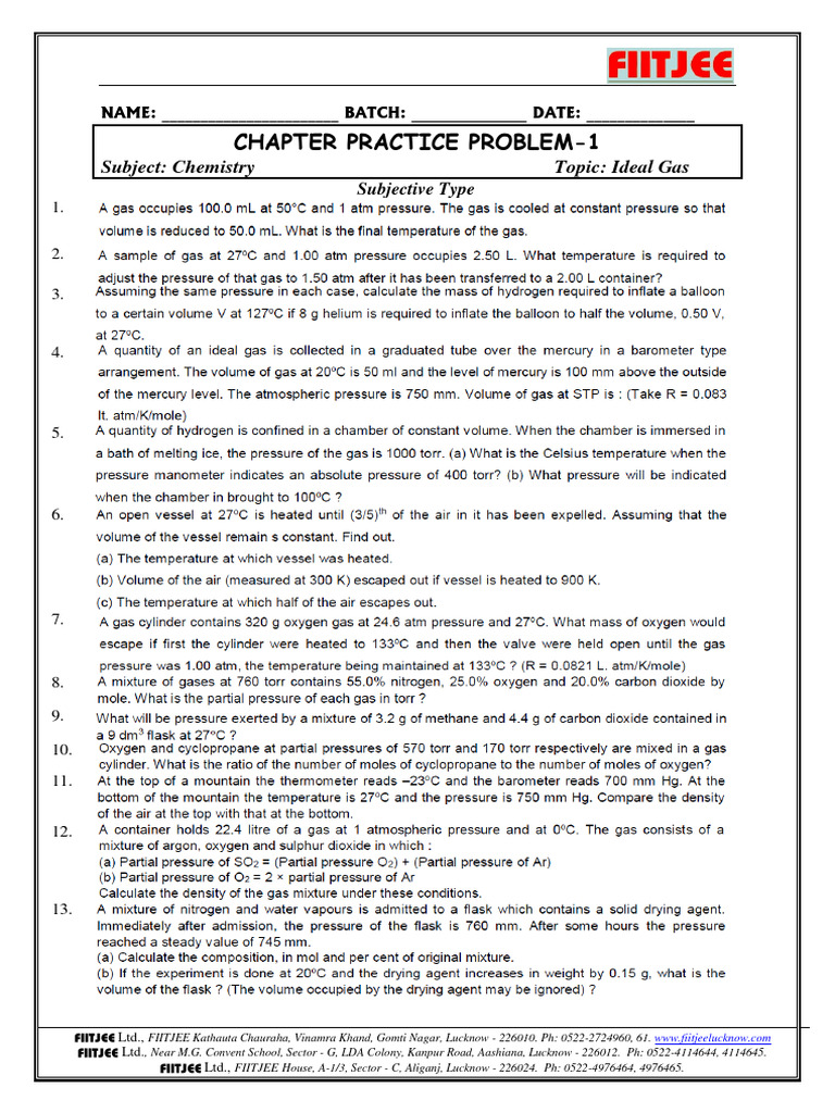 Chemistry Practice: Ideal Gas Quiz | PDF | Chemistry