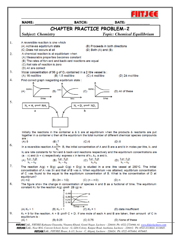 CPP 2 -Chemical Equilibrium (Objective) | PDF | Physical Sciences ...