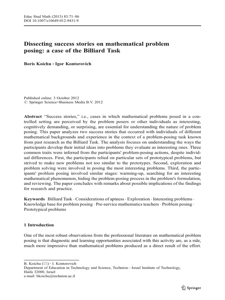 Koichu-Kontorovich. (2013) - Dissecting Success Stories On Math - Strategies of Problem Posing ...