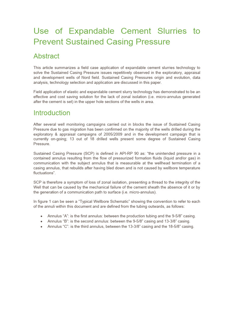 Use of Expandable Cement Slurries To Prevent Sustained Casing Pressure | PDF | Casing (Borehole ...