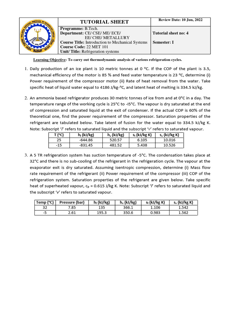 Tut-Sheet - 04 - New | PDF | Refrigeration | Chemistry