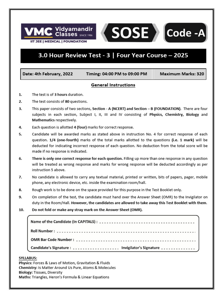 VMC - SOSE IX HRT - 3 (Question Paper) | PDF | Force | Mass