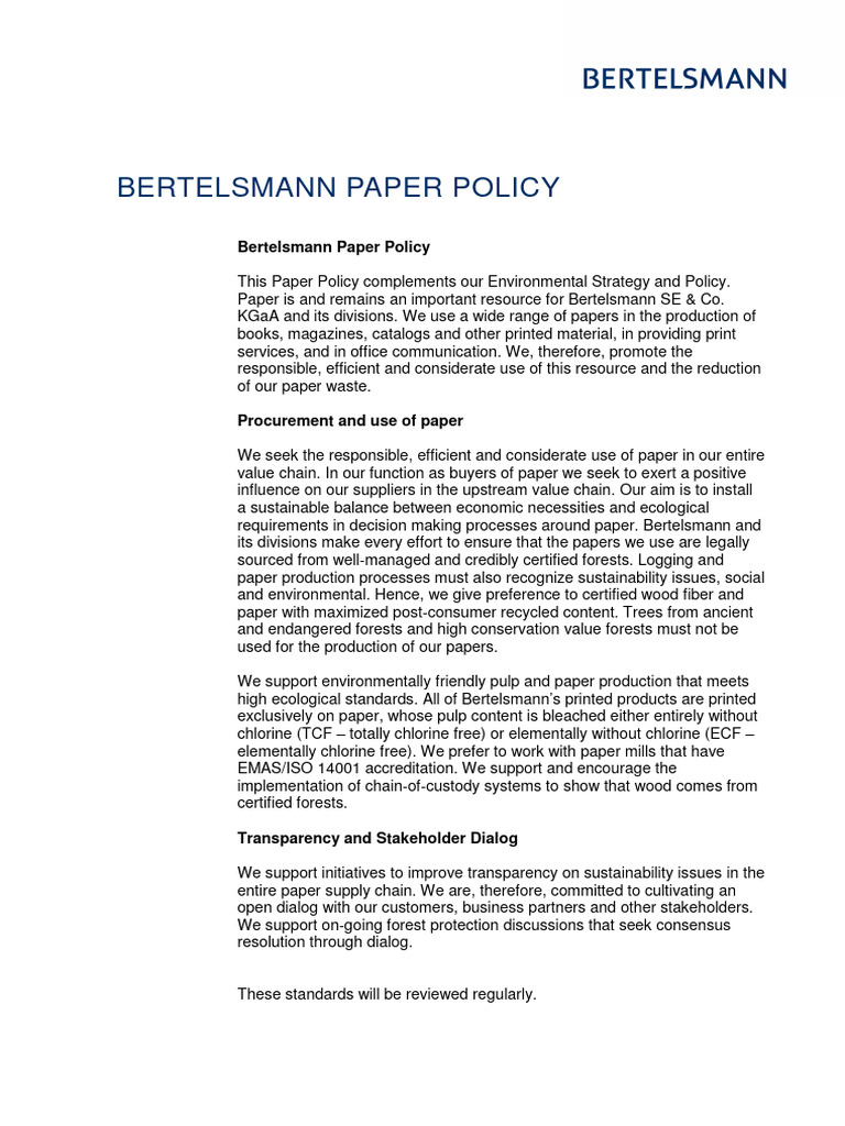 Bertelsmann Sustainable Paper Policy | PDF | Paper | Supply Chain