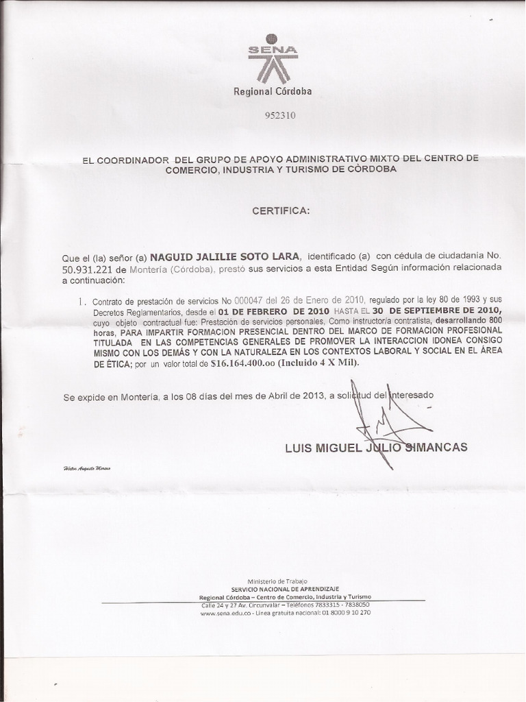 Certificado Laboral SENA | PDF