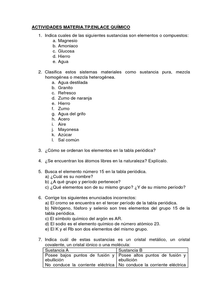 Act Elementos Y Compuestos Pdf Compuestos Químicos Sustancias