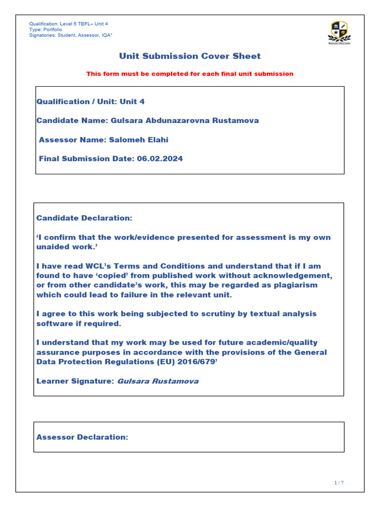 TEFL. Unit 4. Assignment | Download Free PDF | Vocabulary | Learning