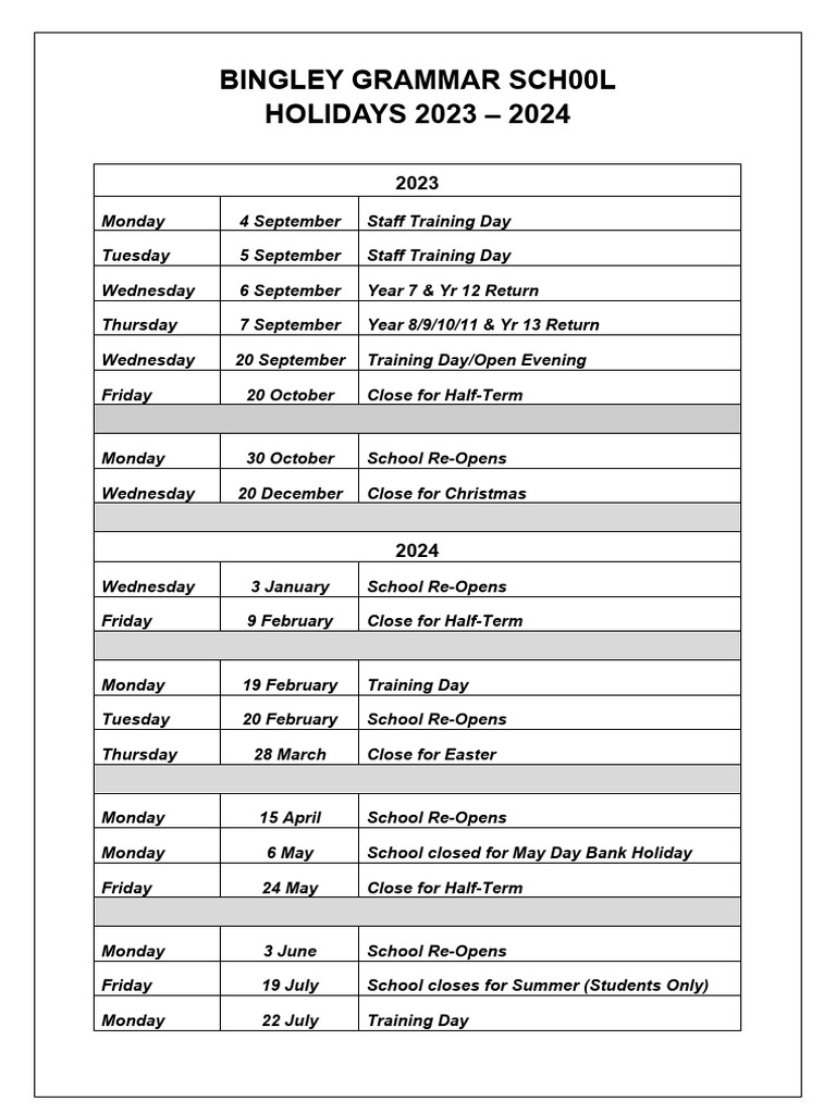Bingley Grammar School Holidays 2023-2024 | PDF
