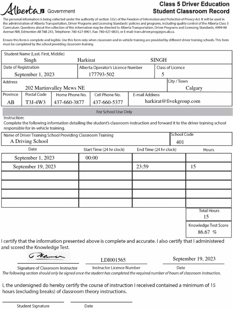 Driving School Contact Information | PDF