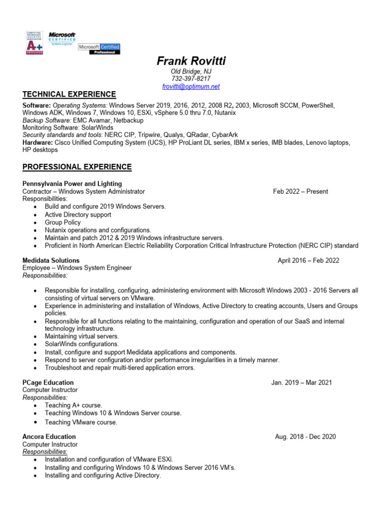 Frank Rovitti 537145 202304120356 Resume | PDF | Microsoft Windows | Active Directory